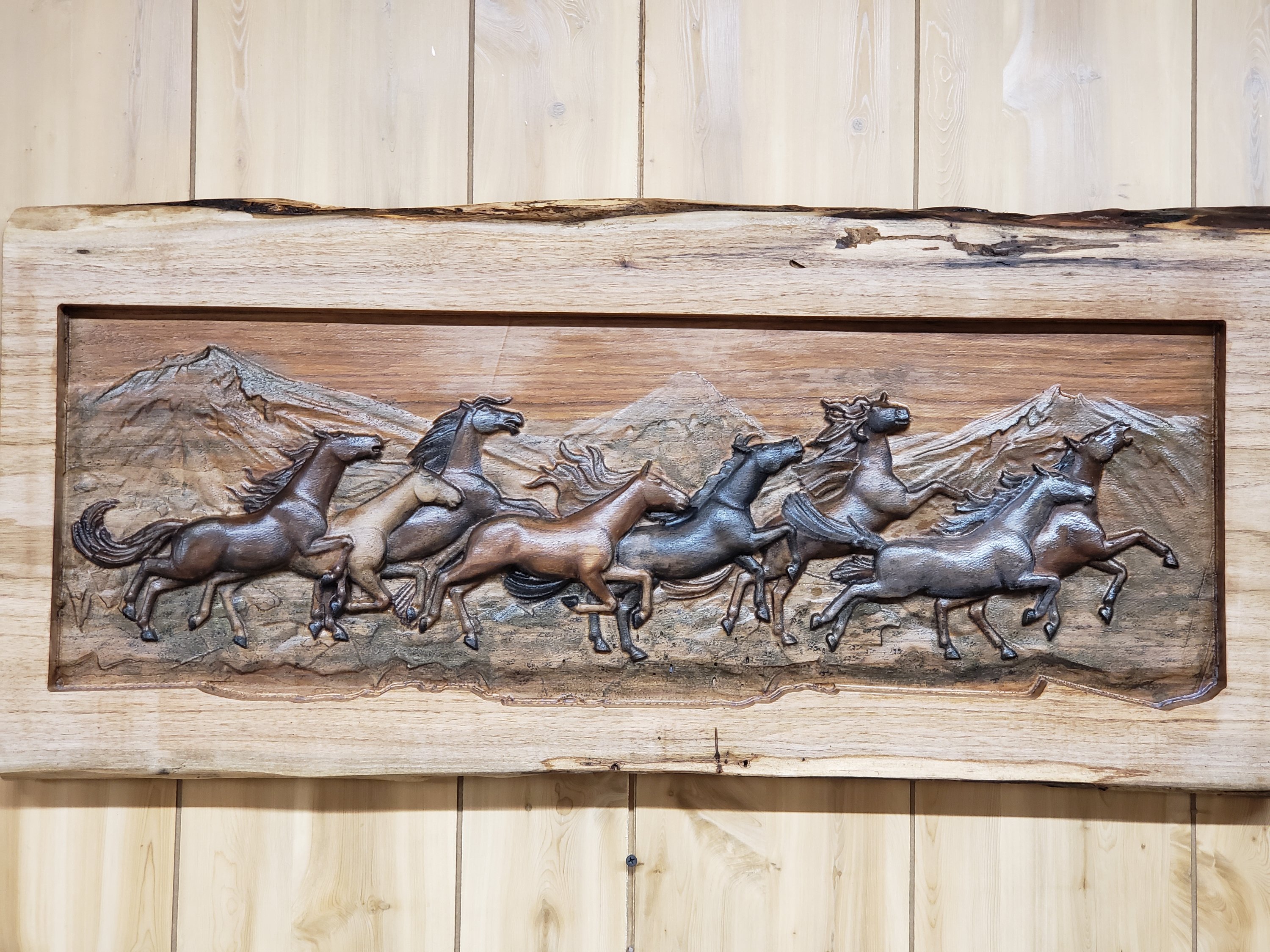 Beautiful running horses on Black Walnut Slab – 3B Creative Carvings